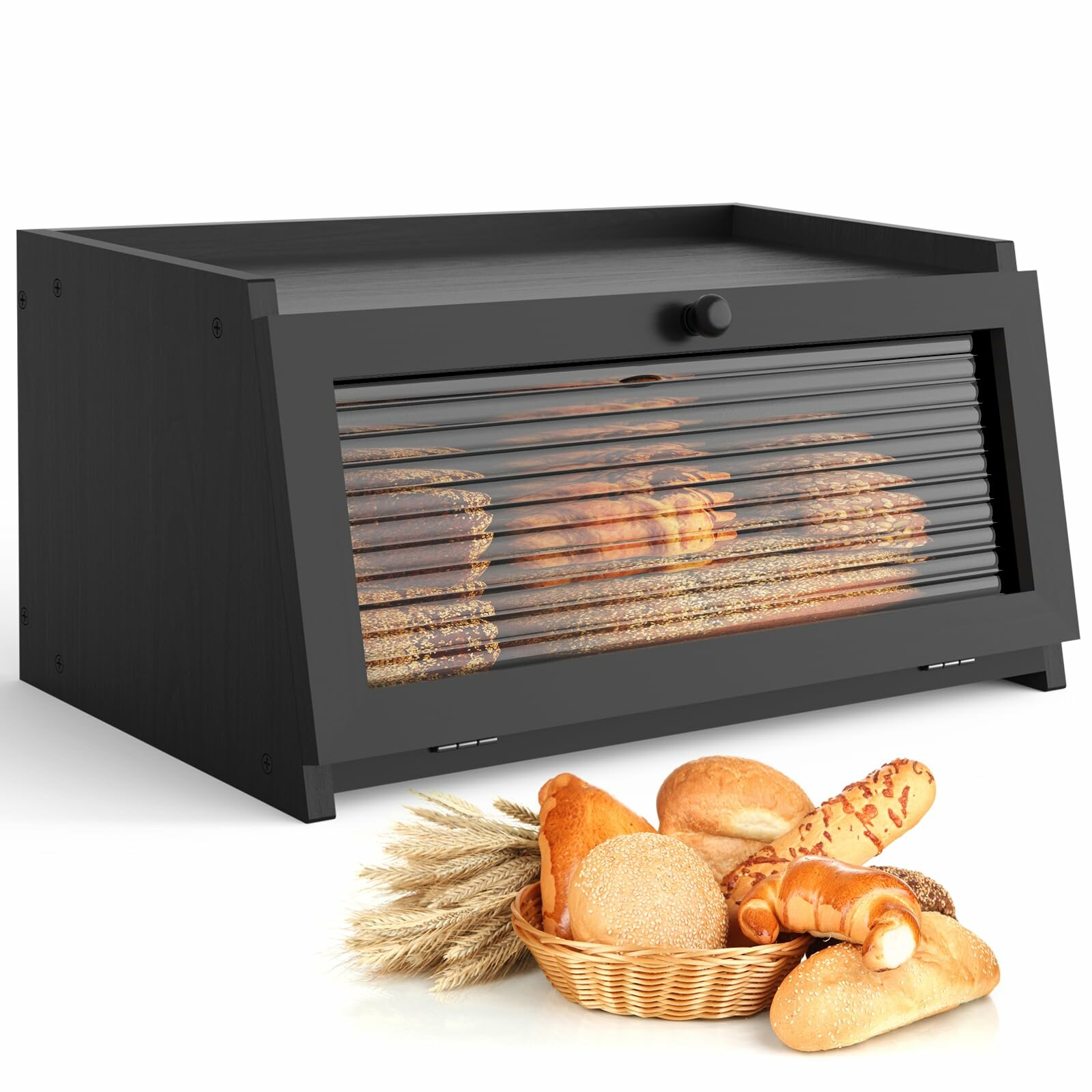 Хлебница для кухни большая: контейнер для хранения хлеба с окном, фермерский стиль, настольная (черный цвет)