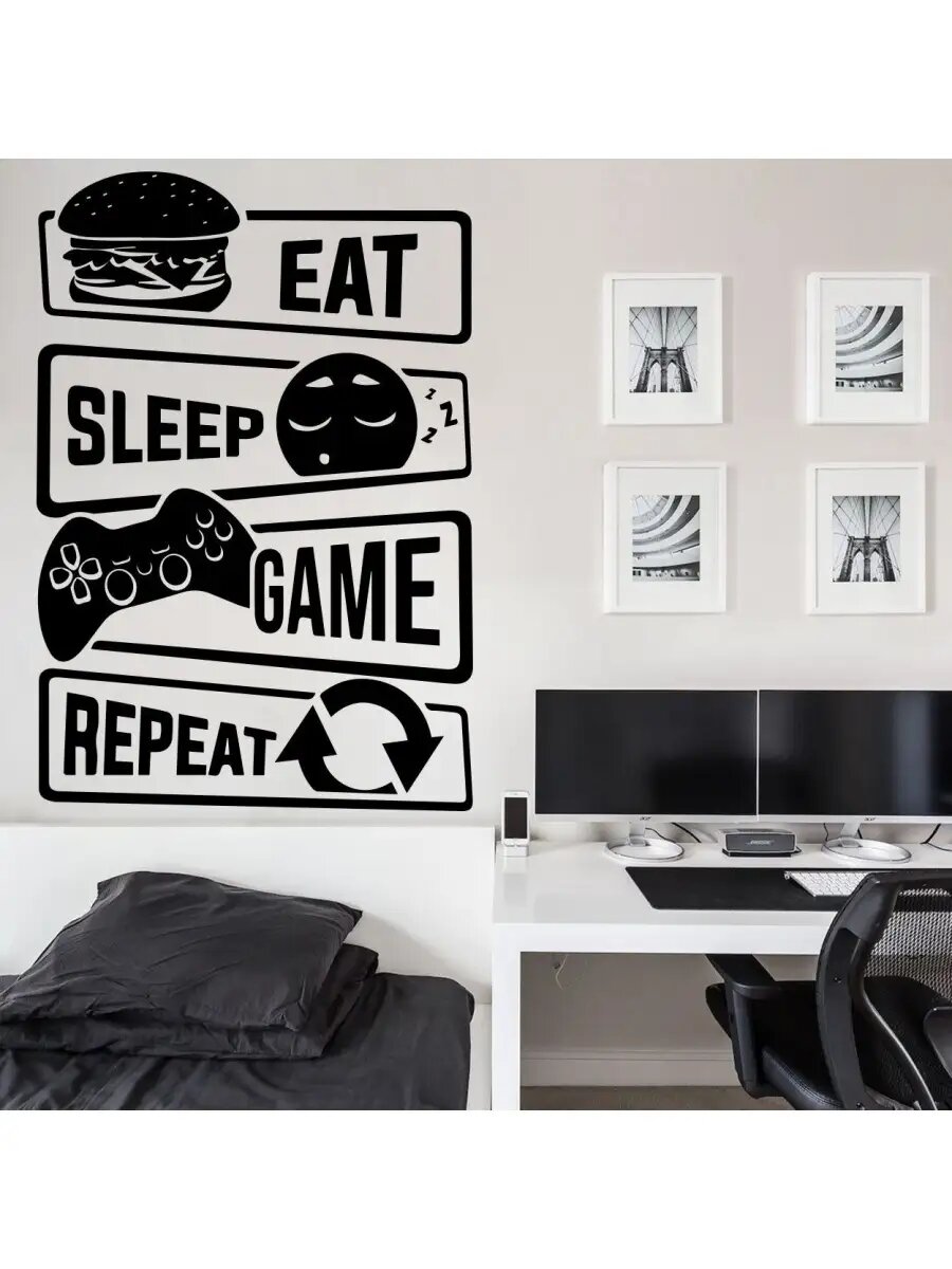 Наклейка на стену для декора EAT SLEEP GAME REPEAT