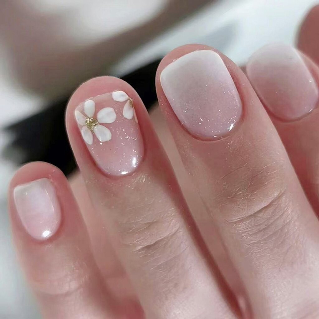 Короткий Квадратный Пресс на Ногтях Французские Типсы Поддельный Ноготь Полное Покрытие Накладного Ногтя с Цветочным Рисунком Искусственный Акриловый Ноготь