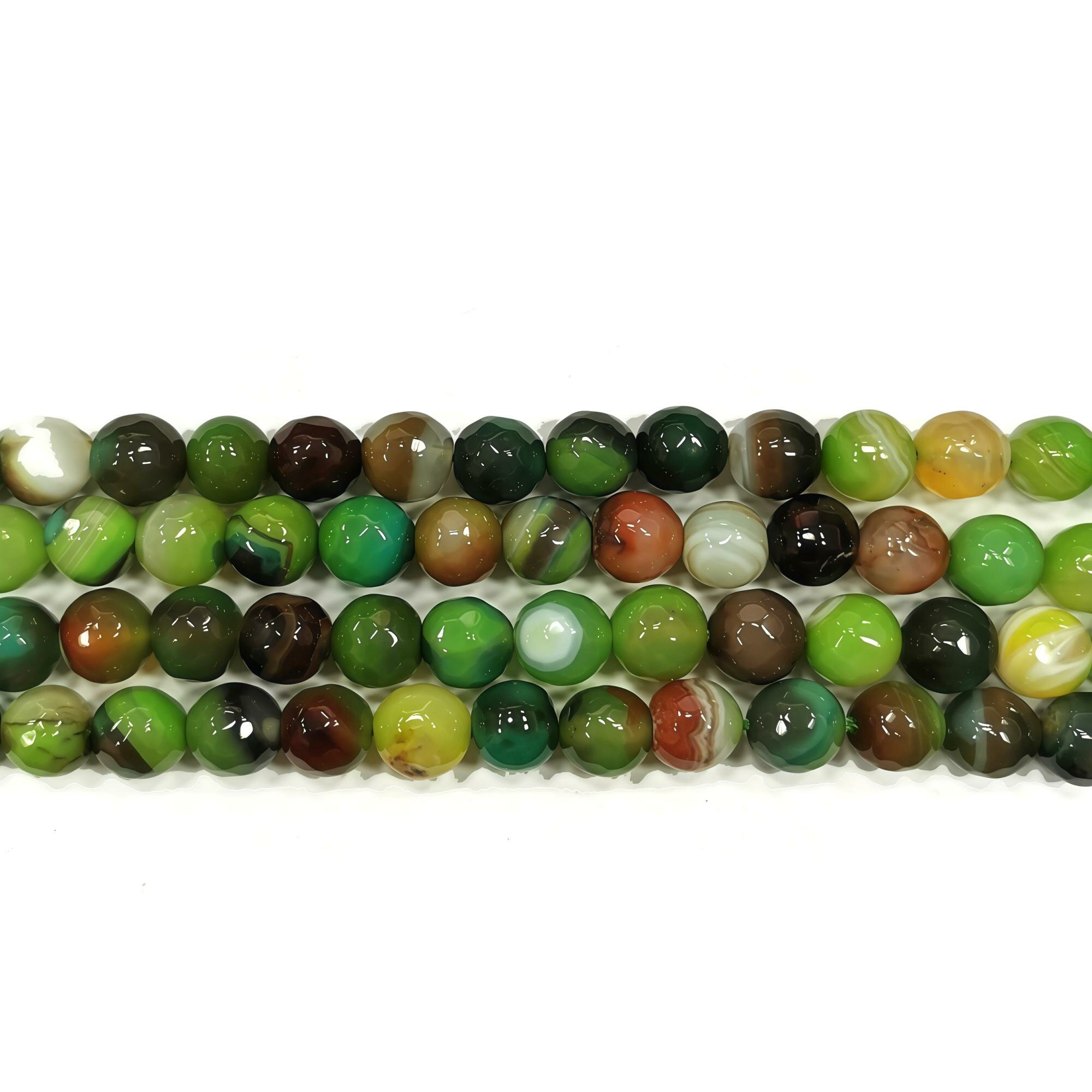 Бусины каменные агат, полосатый, 7-8мм, в зелёно-коричневых тонах, граненый, 44 шт, низка