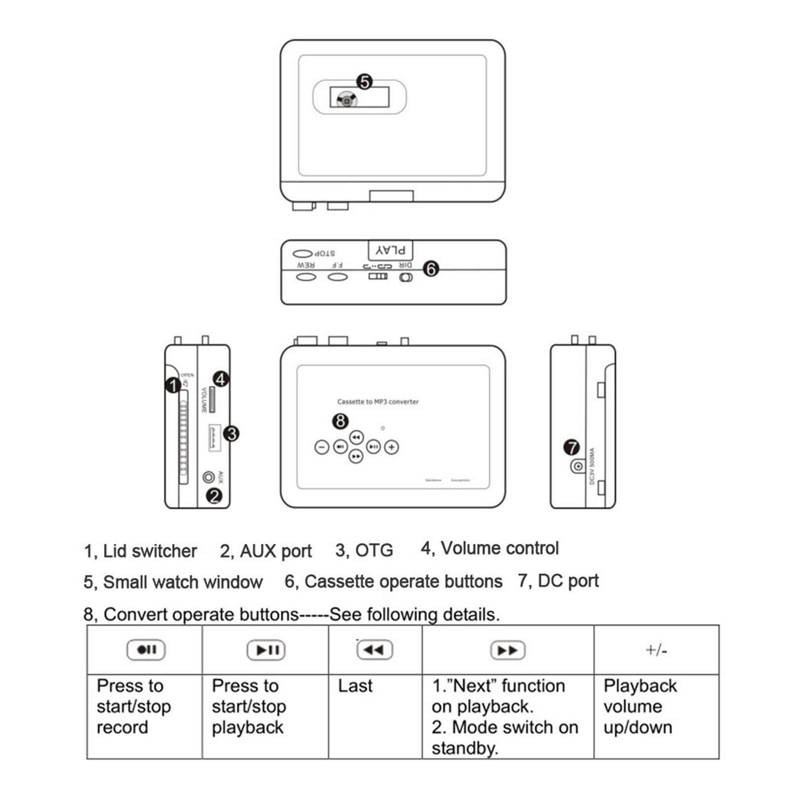 Конвертер кассет ezcap в MP3, сохранение на USB-флеш-диск с автоматическим разбиением на разделы, автономный рекордер с наушниками, черный с серым