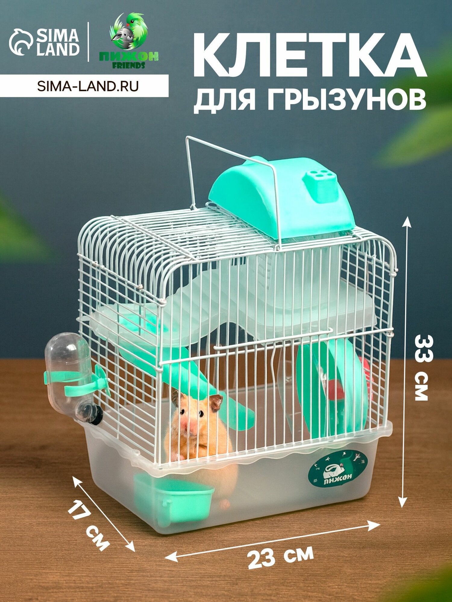 Клетка для грызунов "Пижон", 23 х 17 х 33 см, прозрачная, зелёное наполнение