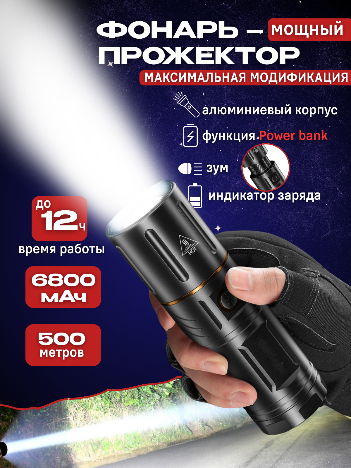 Фонарь-прожектор аккумуляторный светодиодный ручной с зумом, с функцией power bank, мощный, туристический, кемпинговый