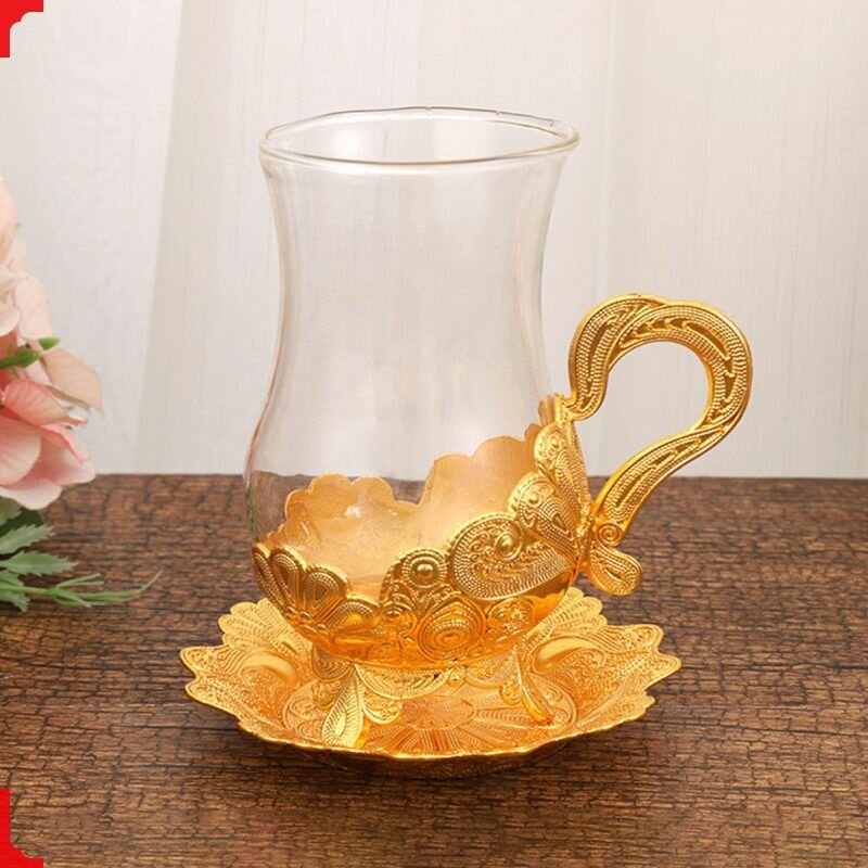 Золотые стеклянные чайные чашки и блюдца Турецкий набор Европейская чашка Кофе Декоративная вода