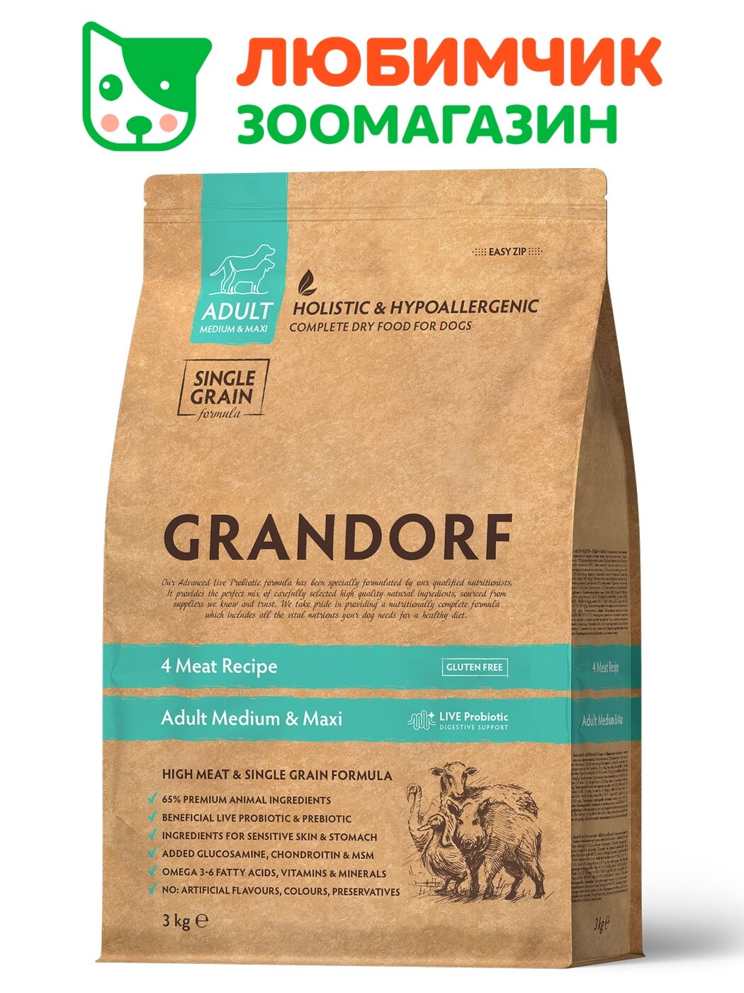 Grandorf корм для собак средних и крупных пород, четыре вида мяса 3 кг