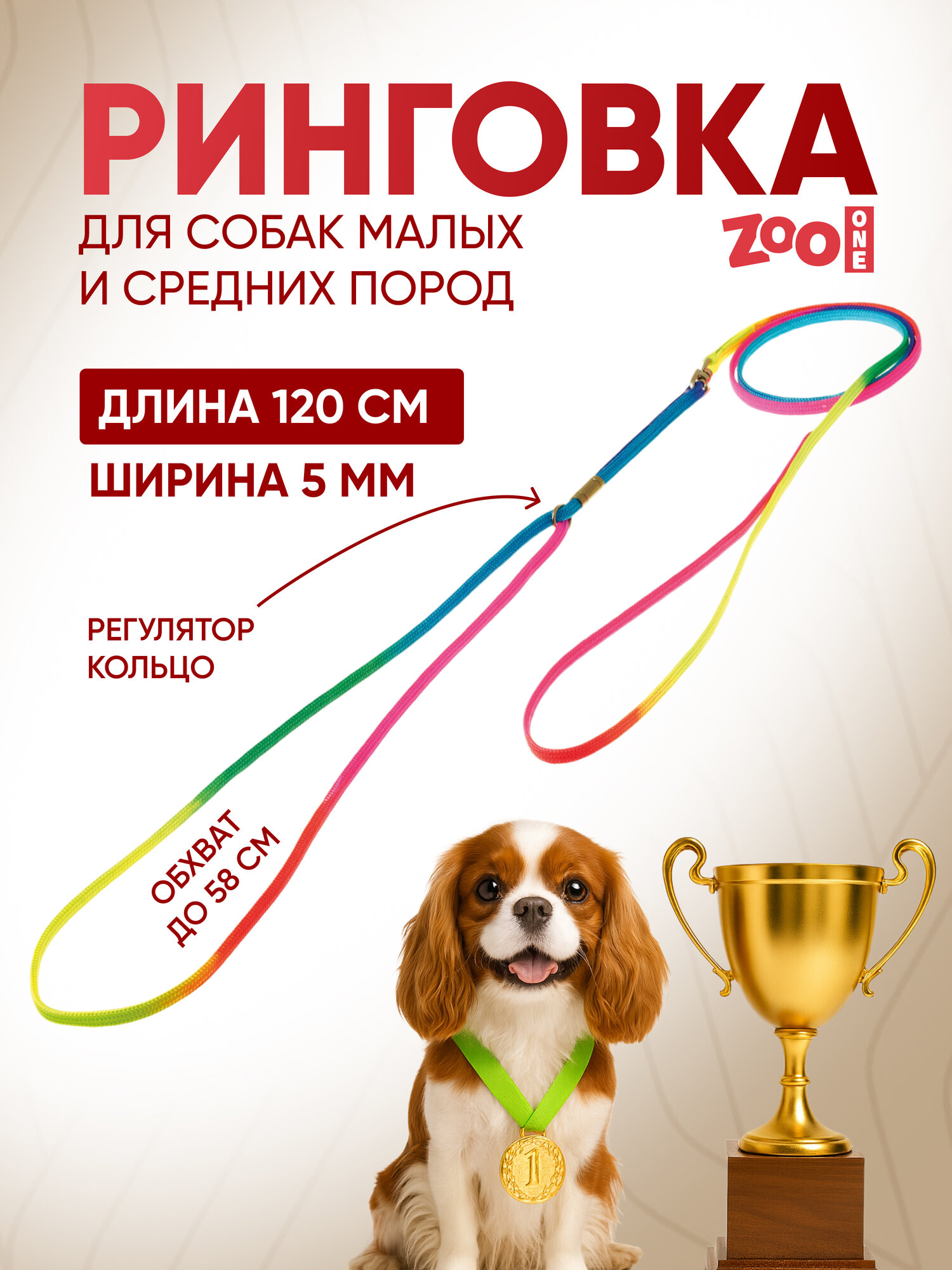 Ринговка для собак с золотым кольцом, обхват до 58 см, нейлон ширина 5 мм, длина 120 см, радуга, ZooOne, PEAG-05RB