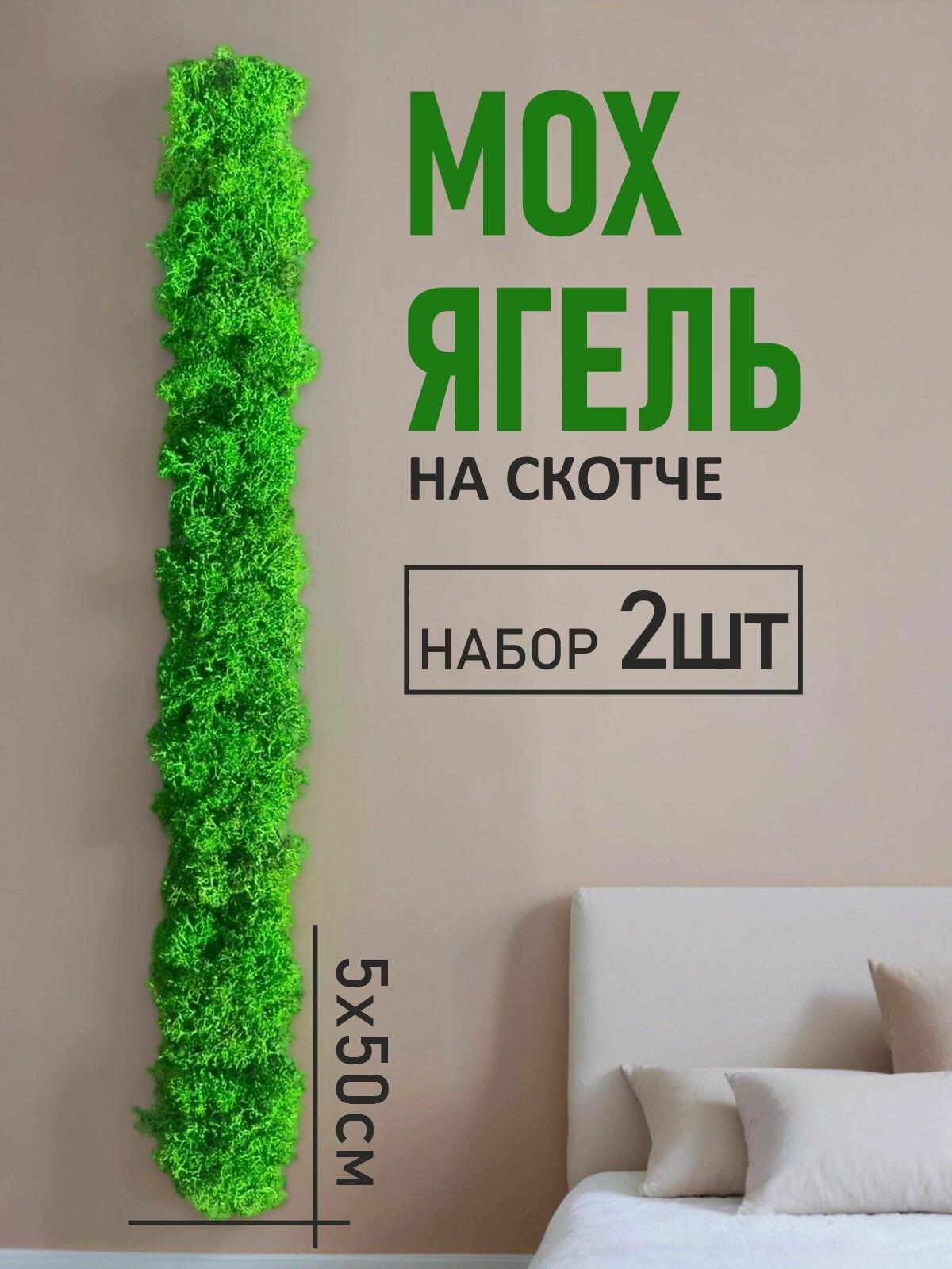 Лента / полоска из стабилизированного мха Ягель, настенное Панно размер 50*5 см, для озеленения интерьера. Набор из 2 штук.