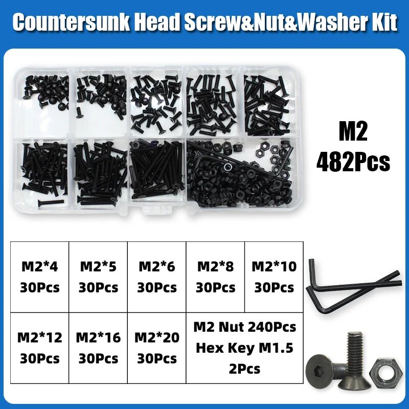 Набор крепежа YMAX: винты, гайки, шайбы, черные, углеродистая сталь, М2-М8 M2 482pcs