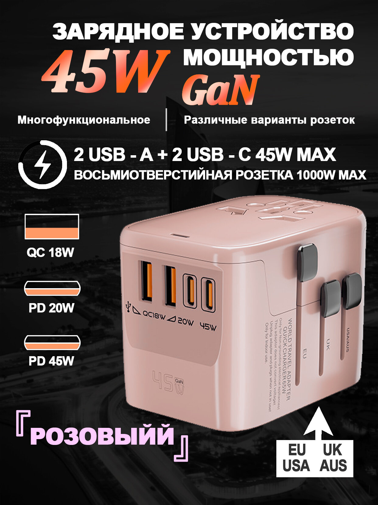 2 QC USB A + 2 PD USB C GaN PD45W 10A 2500W с Многофункциональный Зарядное устройство, QC 18W, PD20W, HUAWEI, XIAOMI, SAMSUNG, MACBOOK, OPPO, VIVO, POCO