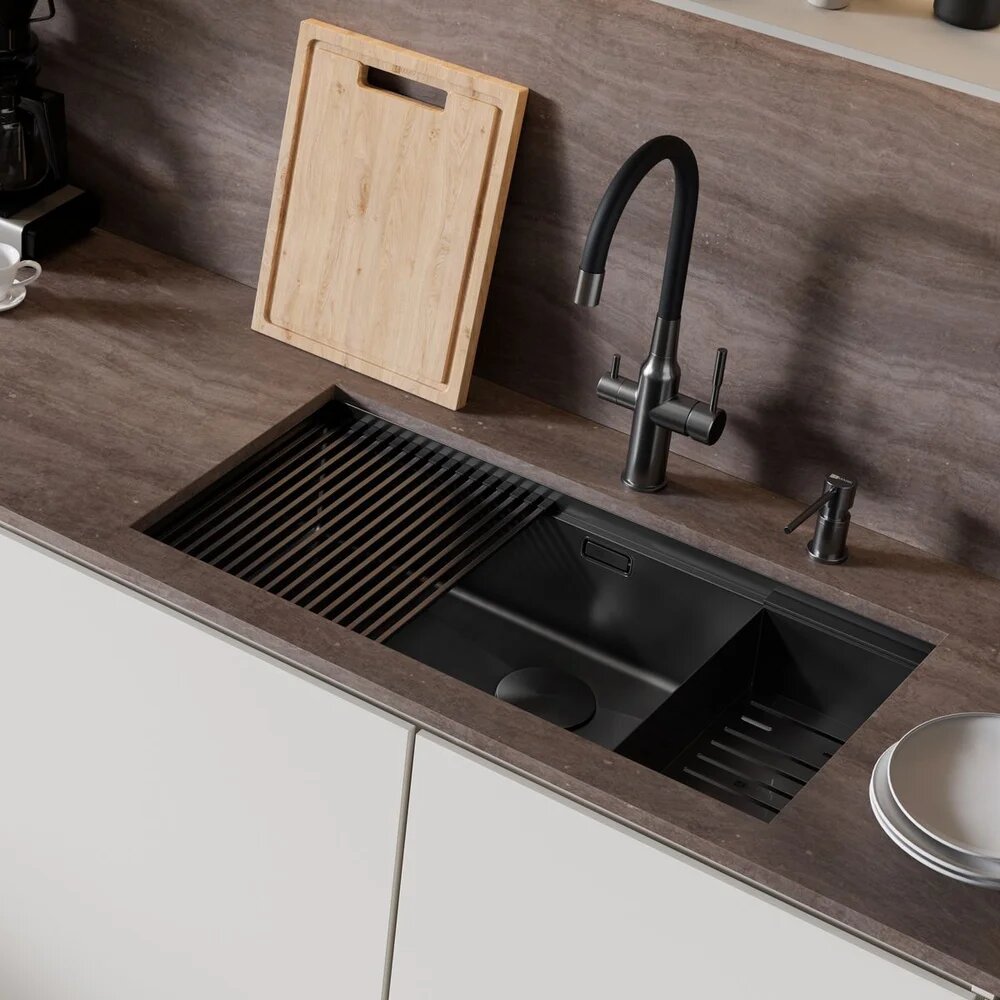 Кухонная мойка Lemark TABAGA 820 прямоугольная из нержавеющей стали с аксессуарами в комплекте: ролл-мат, коландер, разделочная доска цвет: Чёрный матовый