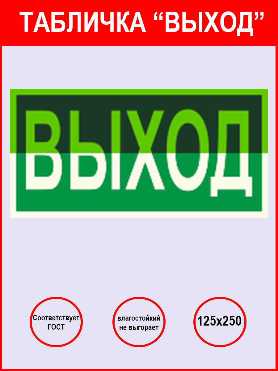 Эвакуационный знак "Указатель эвакуационного выхода", фотолюминесцентный, 125х250 мм 1шт.