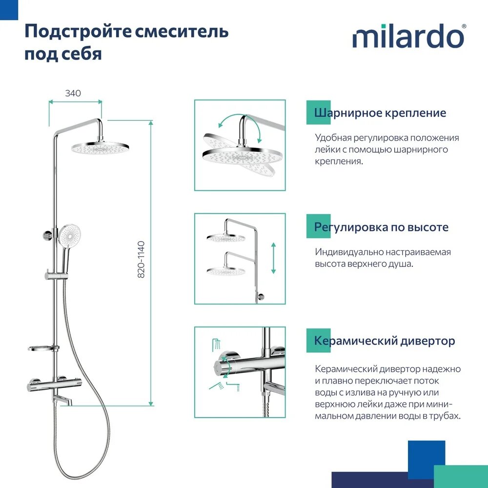 Душевая стойка Milardo Ideal Spa ILSSBTHM06 со смесителем, термостатическим, хром, глянцевая, душевая система с тропическим душем, с изливом, с лейкой, латунная