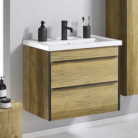 Тумба с раковиной Aqwella Fargo 80 подвесная, 81, 5 см, светлое дерево, матовая, из ЛДСП, с ящиками, раковина для ванной фарфоровая, прямоугольная, встроенный слив-перелив, лофт