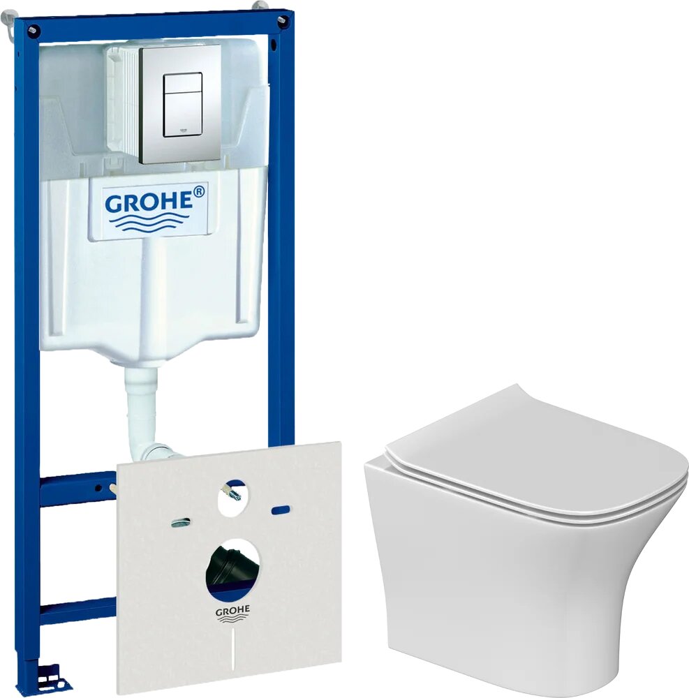Комплект 5 в 1: Инсталляция Grohe Rapid SL 38775001 / Унитаз подвесной STWORKI Олланд S01401WH / Сиденье с микролифтом, Кнопка хром, Комплект креплений