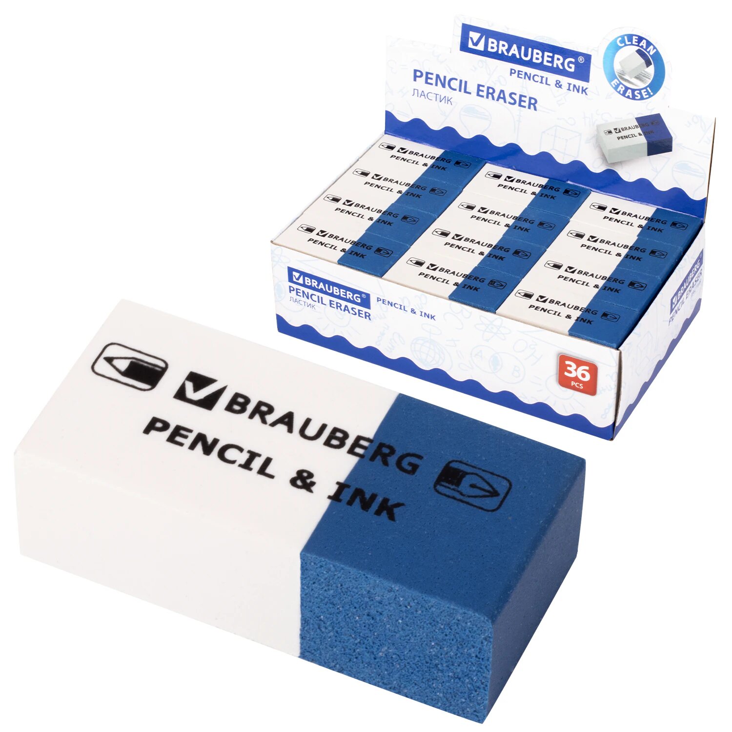 Ластик BRAUBERG "PENCIL & INK", 39х18х12 мм, для ручки и карандаша, бело-синий, 229578 (цена только за 1 шт.)