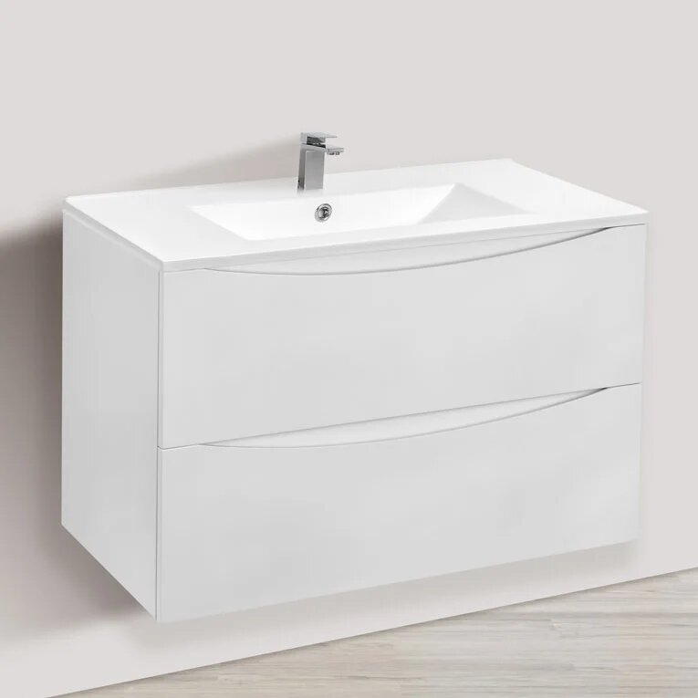 Тумба с раковиной Vincea Mia 80 подвесная, 81, 5 см, белая, матовая, из МДФ, с ящиками, раковина для ванной, фарфоровая, прямоугольная, встроенный слив-перелив