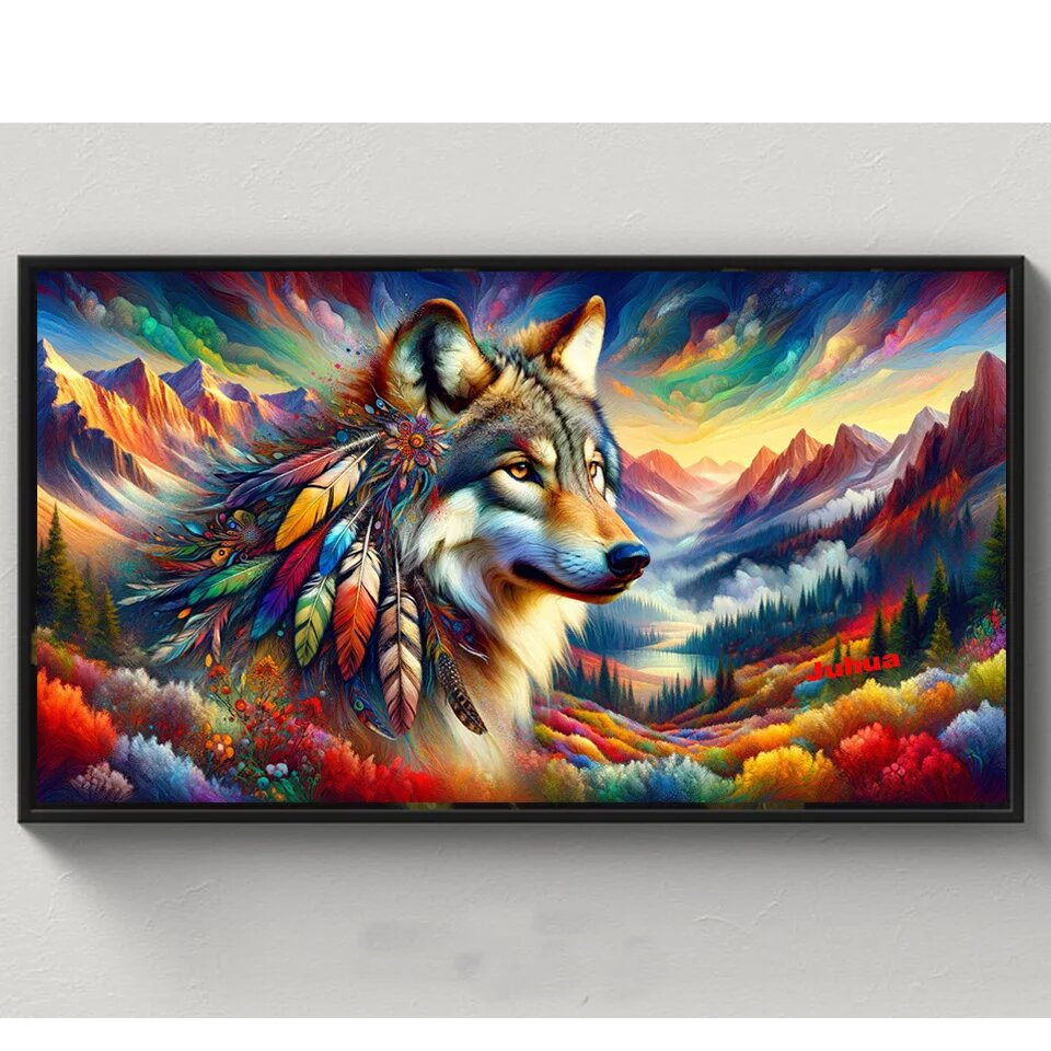 Алмазная живопись "Перо Волк с закатом", Jasua square 80x160cm