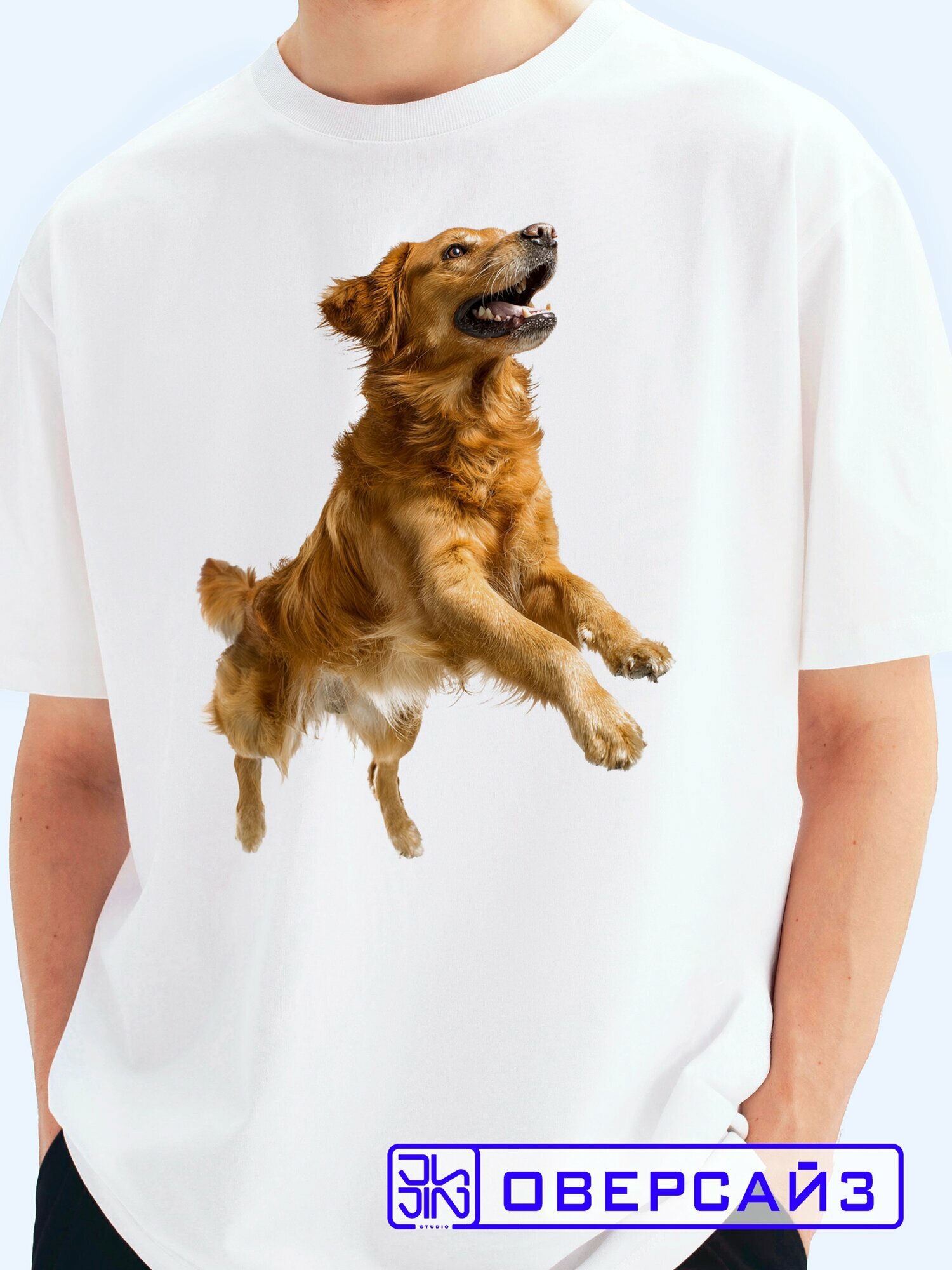 Футболка оверсайз мужская с принтом Веселая белая иллюстрация с рыжим ретривером, смешная и интересная собака, белый хлопковый трикотаж с прикольным рисунком на груди