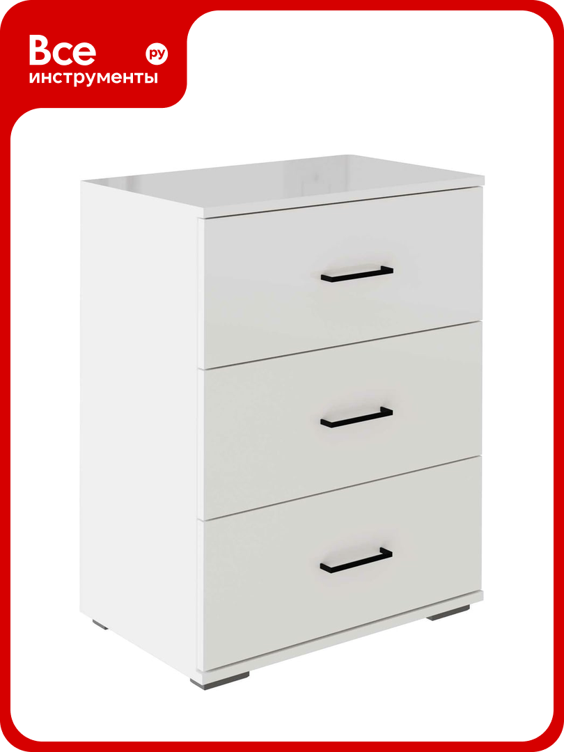Комод Атмосфера 3Я-03 белый, классический, ЛДСП, три выдвижных ящика с черными ручками и направляющими