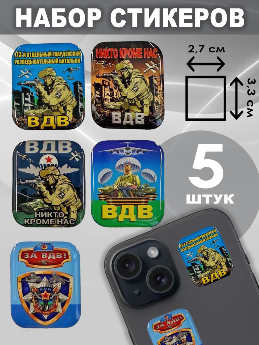 Набор стикеров "173 отдельный разведывательный батальон ВДВ", количество 5 шт, размер сникера 2,7х3,3 см