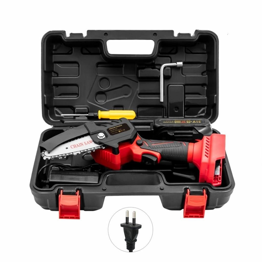 Набор инструментов-Маленькая литиевая электропила-4-дюймовая цепная пила, одна батарея и одно зарядное устройство -вилка европейского стандарта