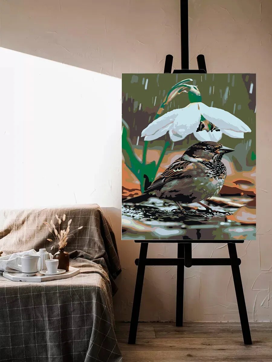 Картина по номерам Птица Воробей Дождь Животное