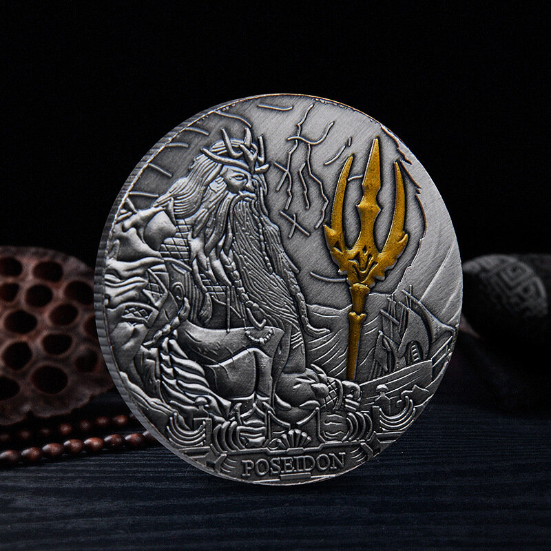 Памятная монета «Посейдон», старинная серебряная железная монета с рельефным изображением золотого трезубца, медальон на тему греческой мифологии для коллекции морской культуры и винтажной экспозиции, ретро-металлическая монета для коллекционеров