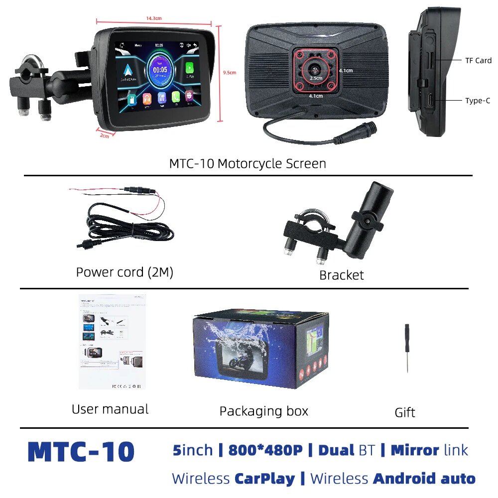EKIY 5,0-дюймовый беспроводной CarPlay Moto портативный цифровой мотоцикл приборная панель GPS-навигация экран Android авто монитор, MTC-10