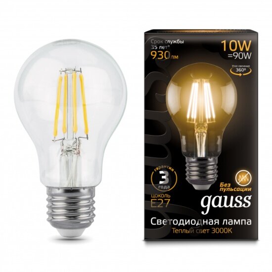 Светодиодная лампа Gauss LED Filament A60 E27 10W 930lm 2700К (упаковка 10 шт.)