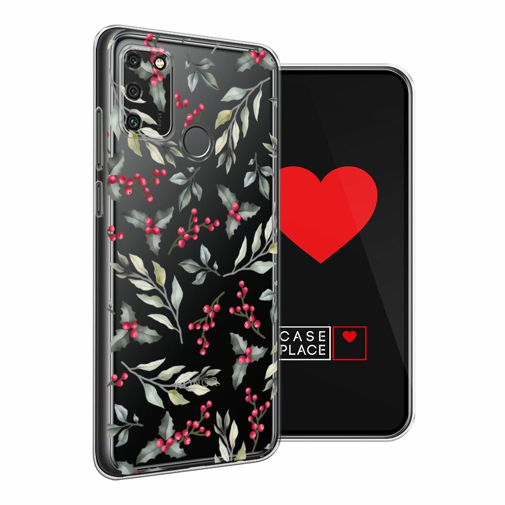 Чехол на Honor 9A / Хонор 9А с принтом Зимние ягоды паттерн, прозрачный — фото 1