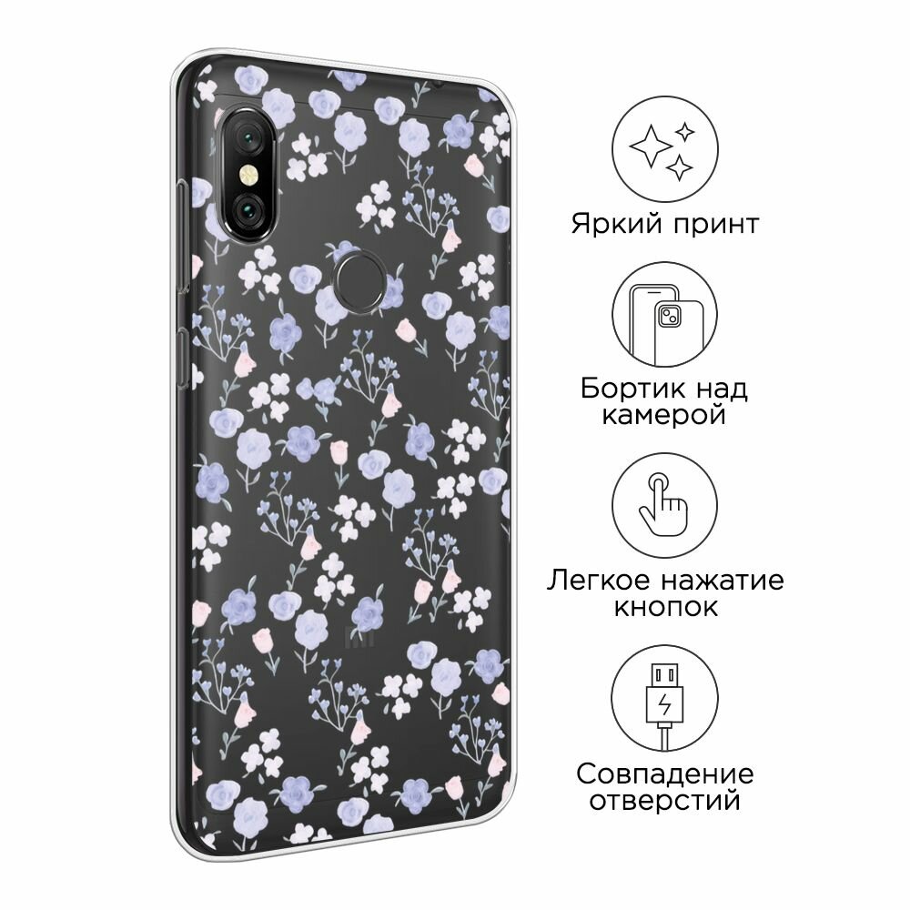 Чехол на Xiaomi Redmi Note 6 Pro / Сяоми Редми Нот 6 Про с принтом "Сиреневые розы паттерн", прозрачный — фото 1