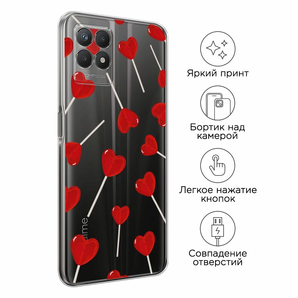 Чехол на Realme 8i / Реалми 8i с принтом "Сердечки-леденцы 2 - 14 февраля", прозрачный — фото 1