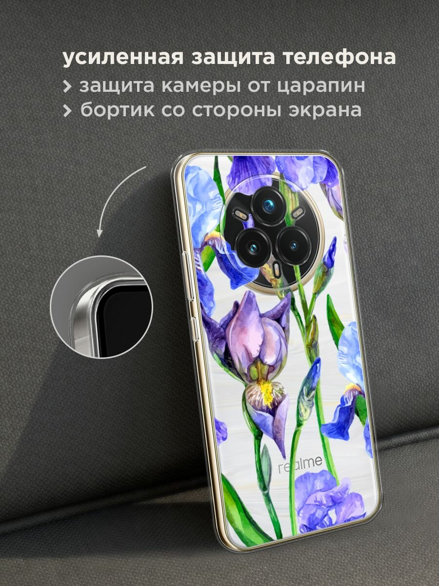 Чехол на Realme 14 Pro+ / Реалми 14 Про+ с принтом "Синие ирисы", прозрачный — фото 1