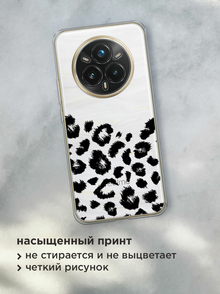 Чехол на Realme 14 Pro+ / Реалми 14 Про+ с принтом "Окрас леопарда фон черный", прозрачный — фото 1