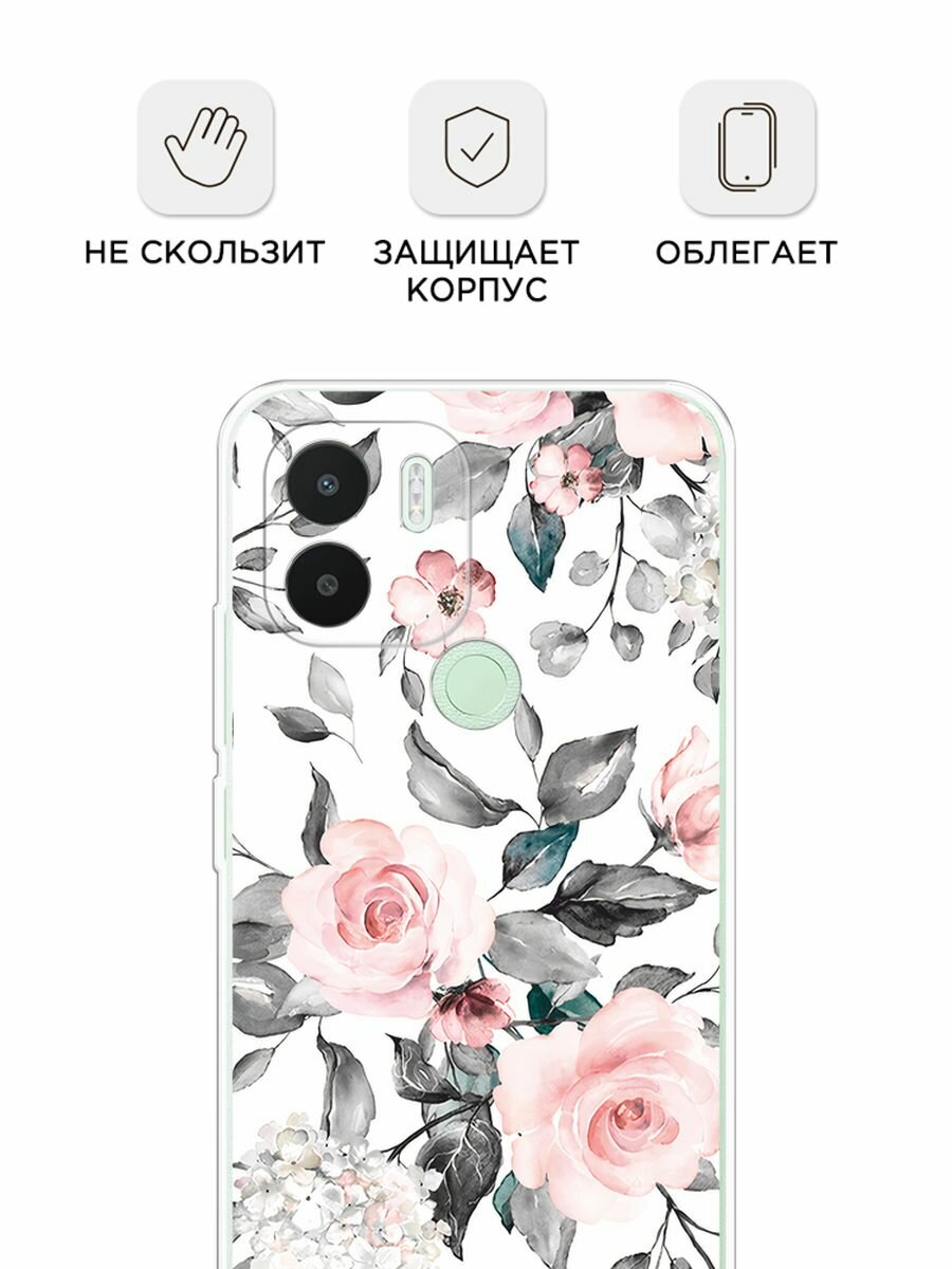 Чехол на Xiaomi Redmi A1+/Redmi A2+/Poco C51/C50 / Редми A1+ с принтом "Розы на белом" — фото 1