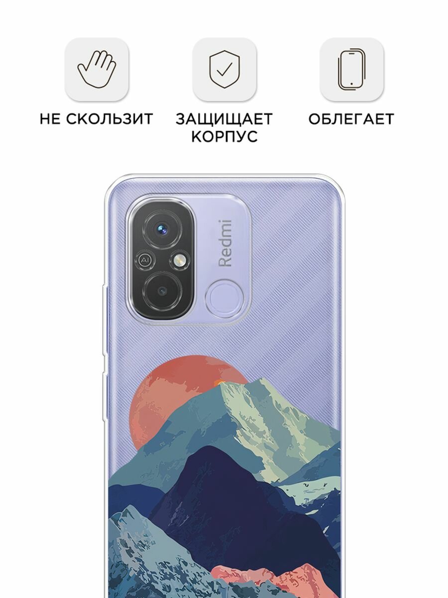 Чехол на Xiaomi Redmi 12C/Poco C55 / Редми 12C/Поко С55 с принтом "Закат в снежных горах", прозрачный — фото 1