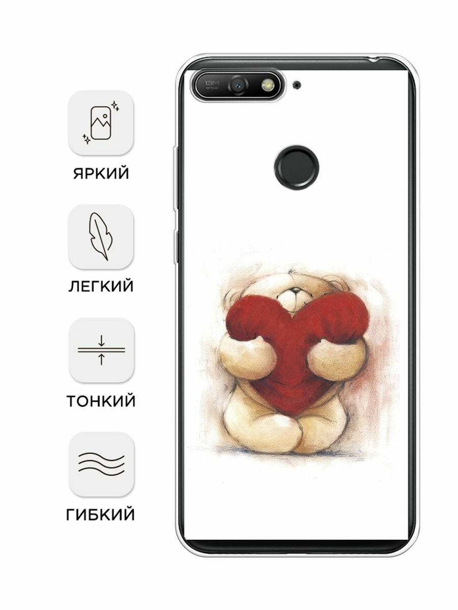Чехол на Honor 7C/7A Pro/Huawei Y6 Prime 2018 / Хонор 7С/7А Про/Хуавей Y6 Prime 2018 с принтом "Мишка с сердцем 1" — фото 1