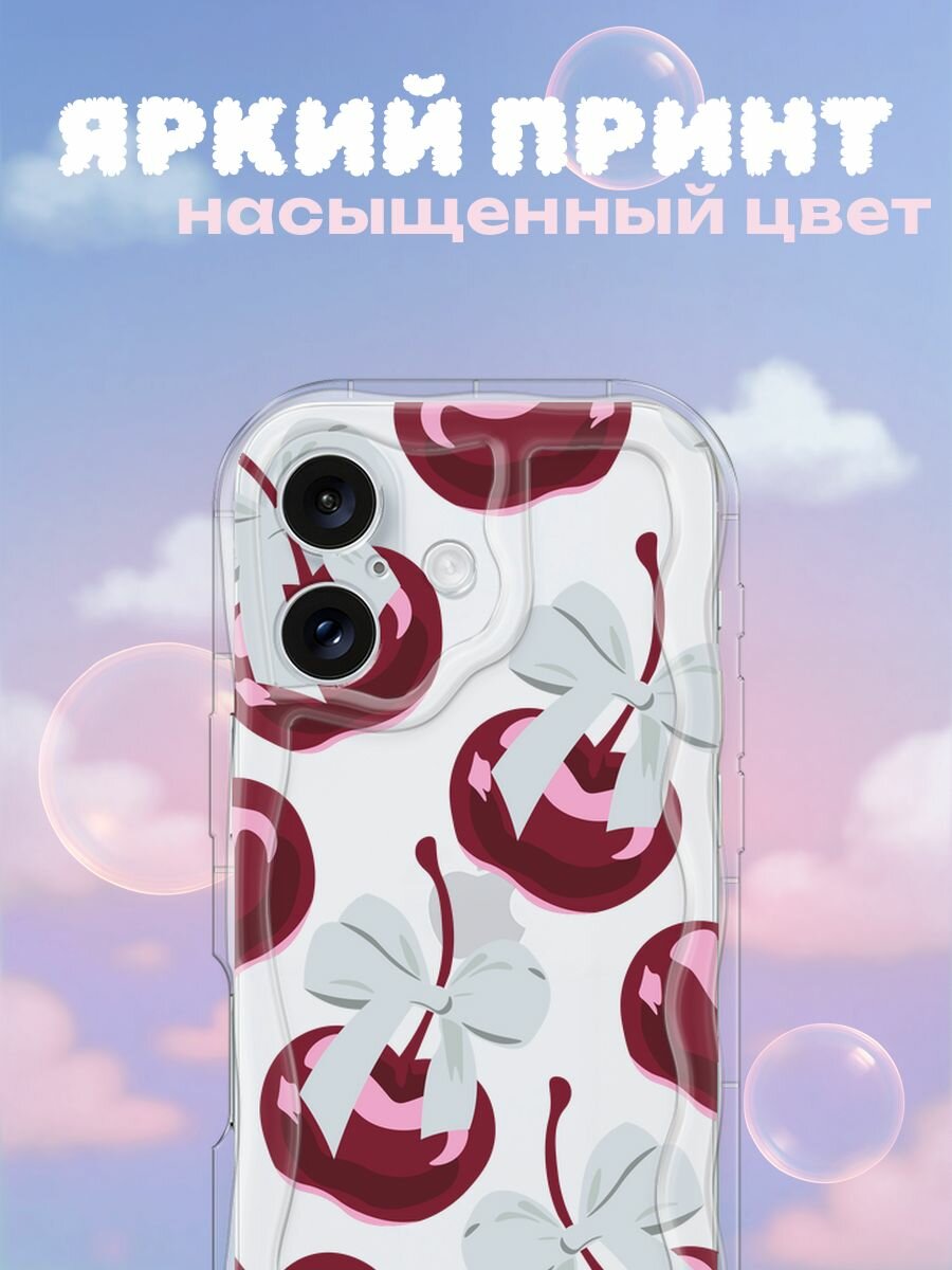 Чехол на Apple iPhone 16 / Айфон 16 с принтом "Вишни с бантами" — фото 1