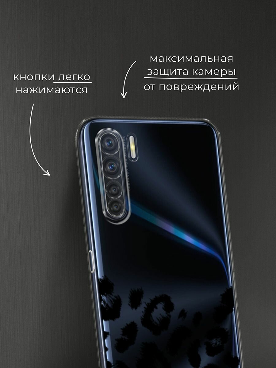 Чехол на Oppo A91/Reno 3 / Оппо A91/Рено 3 с принтом "Окрас леопарда фон черный", прозрачный — фото 1