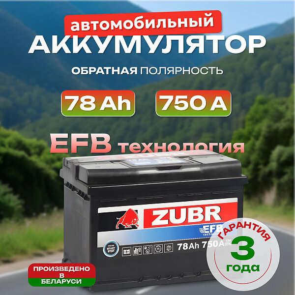 Аккумулятор автомобильный ZUBR EFB 78 Ah 750A обр. 278x175x190