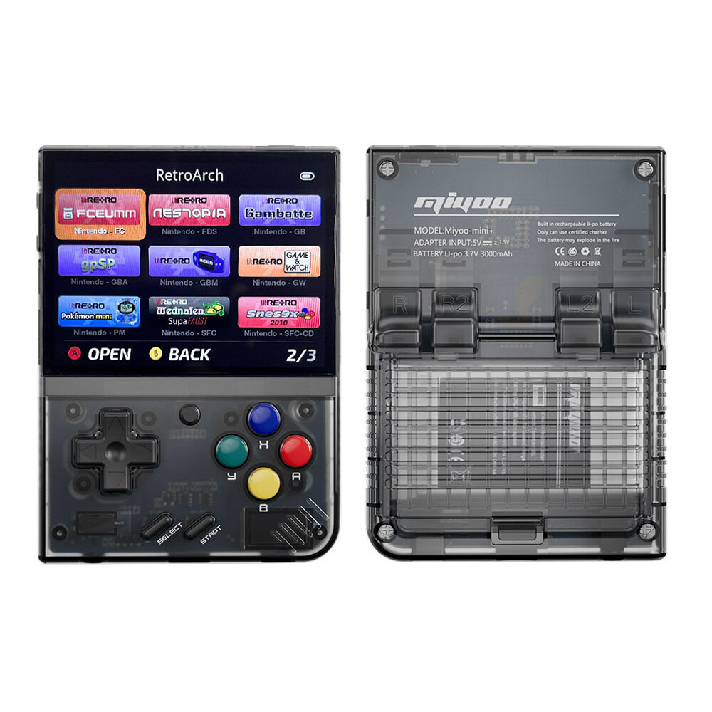 Портативная игровая консоль Miyoo Mini Plus+ с 3,5-дюймовым IPS-экраном, ARM Cortex-A7 OTG, играми для PS1 и GBA.