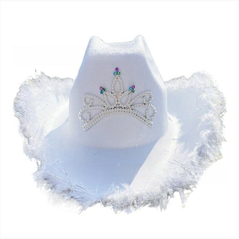 Cowboy hat western style pink with big crown feather trim for holiday events and costumes style e