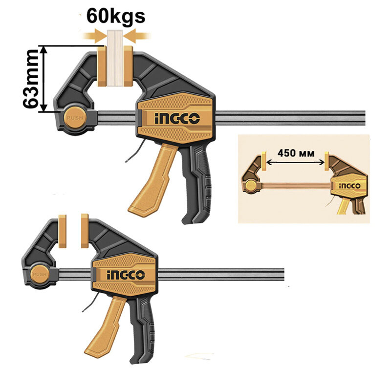 Зажимы тиски 2шт INGCO струбцина 63х450 HQBC01603 комплект для столярных работ