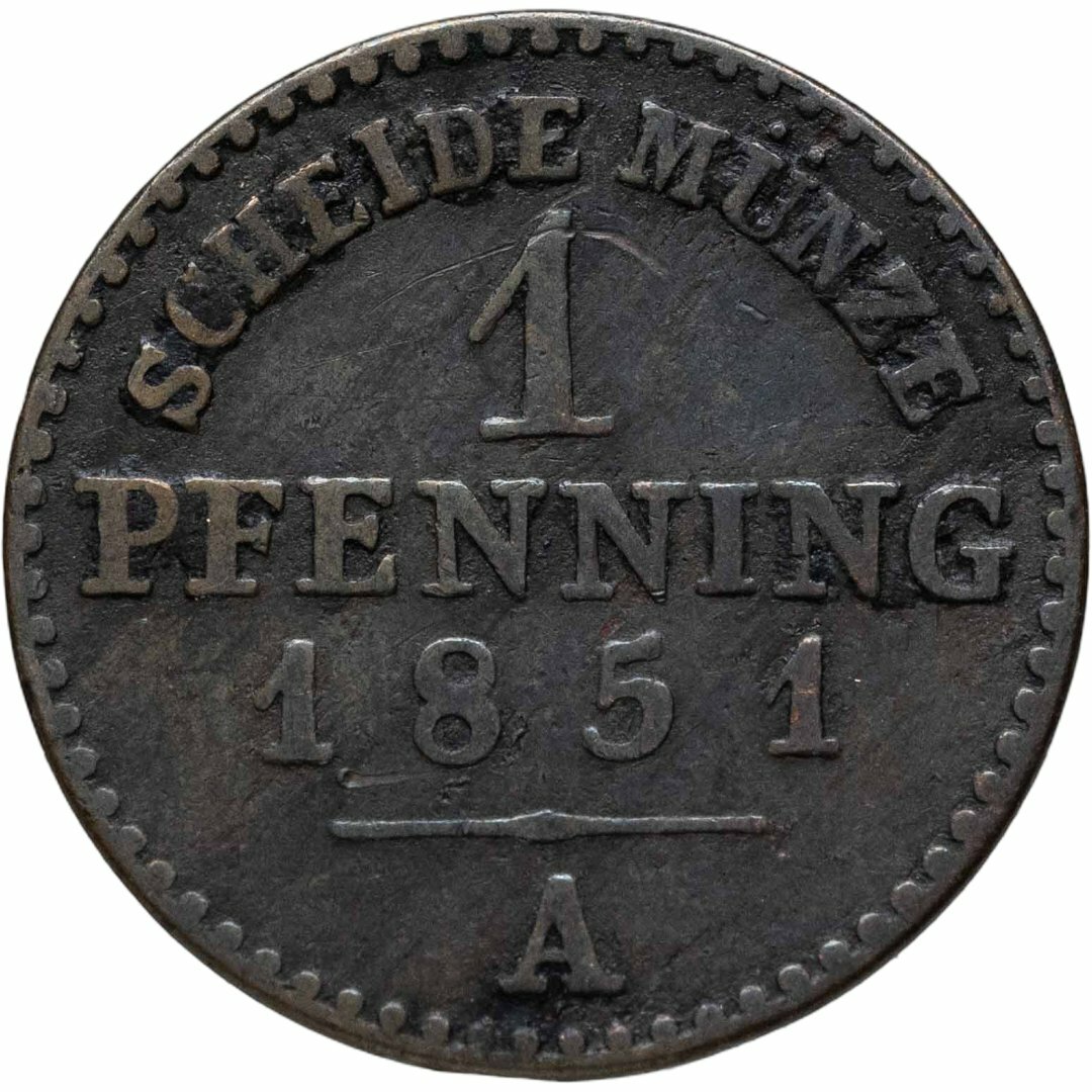 Германия, Пруссия 1 пфенниг 1851 А, Медь, в сохранности F-VF
