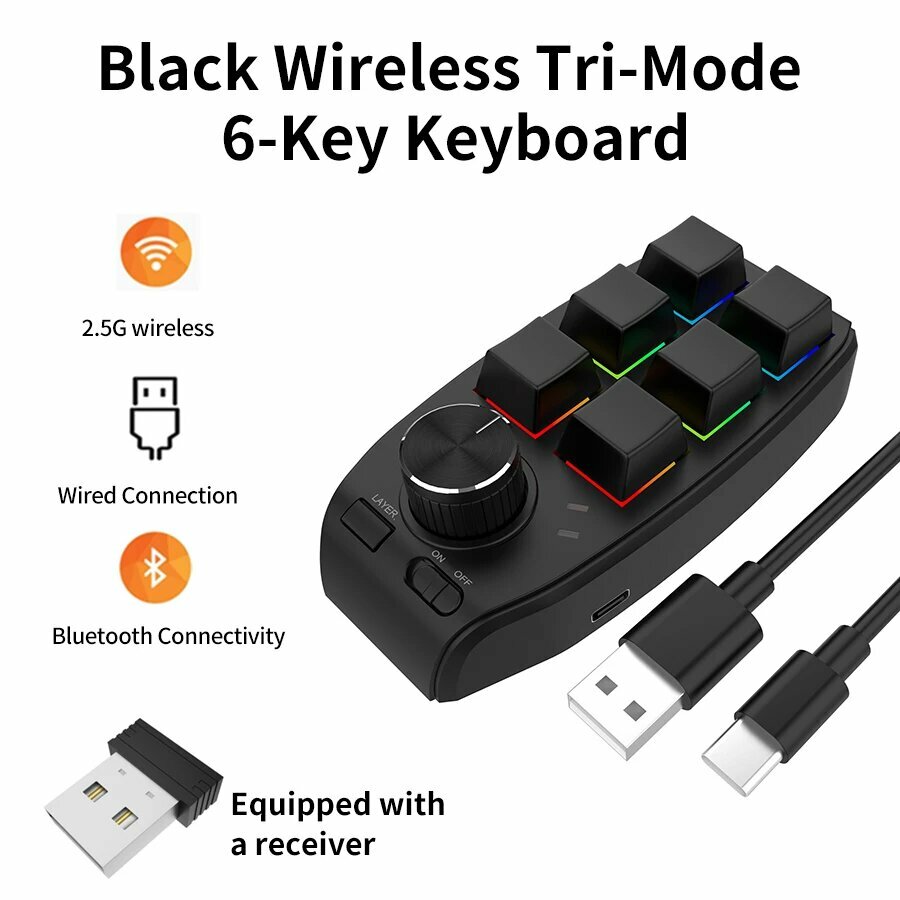 Беспроводная мини-клавиатура Bluetooth, механические клавиши, 6 макросов Черный, Black Tri mode