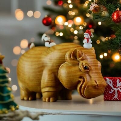 Три сокровища Африки - бегемот/слон/носорог - украшения ручной работы, мужчины играют с ними резными фигурками из массива дерева