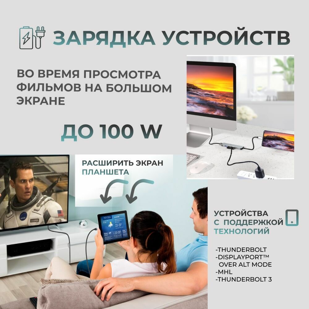 Концентратор HUB USB-HDMI, с LED-подсветкой, 6 портов, серебристый