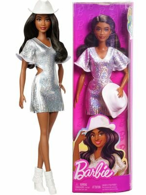Кукла Mattel Barbie Fashionistas - Девушка-ковбой, чёрные волосы, блестящее платье и шляпа №239 - Барби HYT95