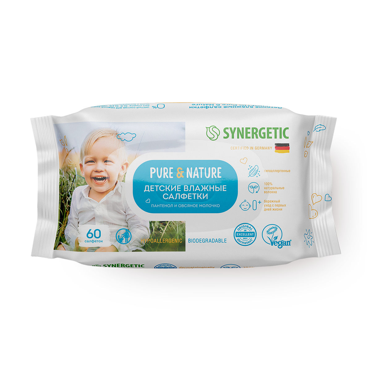 Влажные салфетки детские Synergetic Pure&Nature Пантенол и овсяное молочко гипоаллергенные