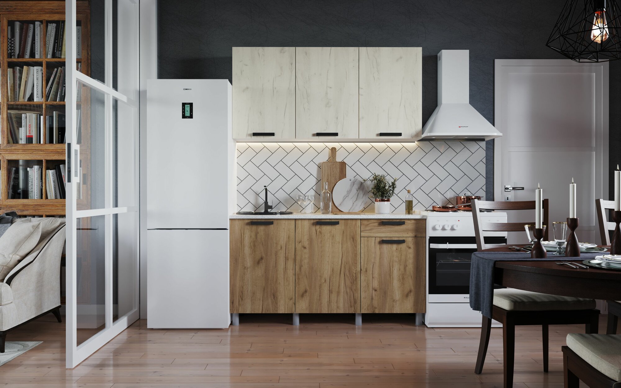 Кухонный гарнитур Диор (Корпус: 1,5 м белый + Фасад: "Диор" 1,5 м Дуб Крафт Белый/Дуб Крафт Табачный) (Микон)